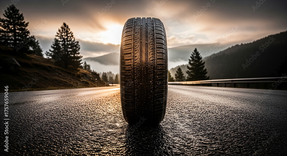 Wet car tire on road with white line. Concept of safe driving tires ...