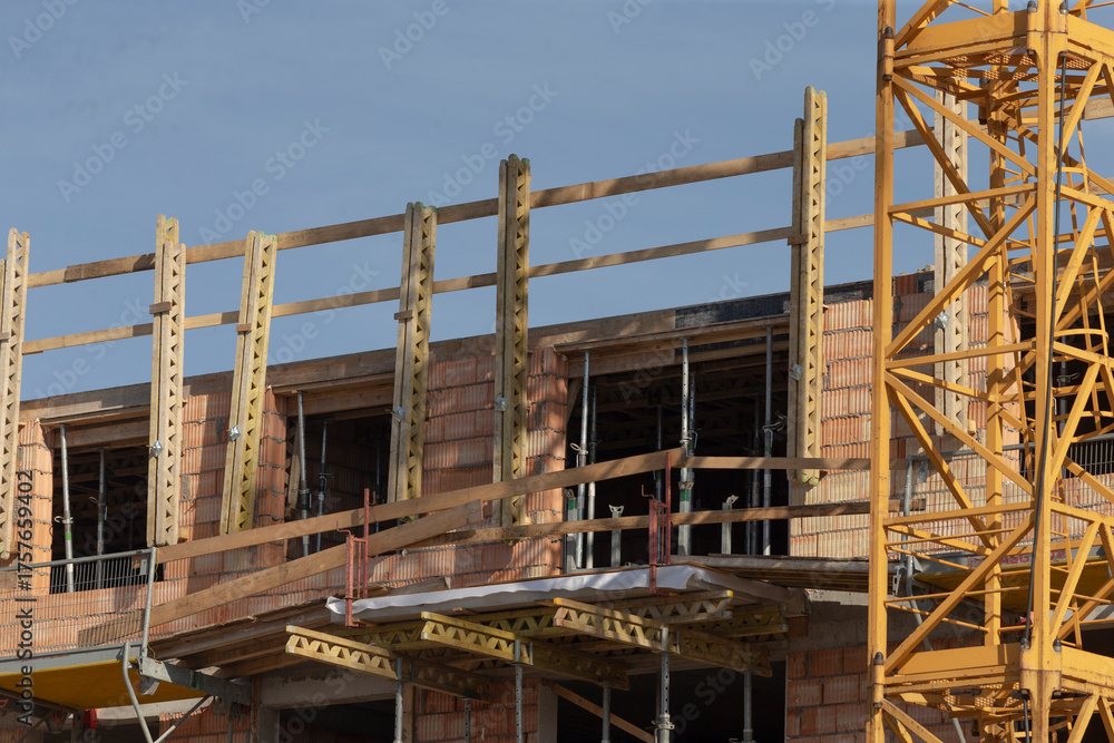 crane tower intersecting scaffold levels, brick walls with window voids ...