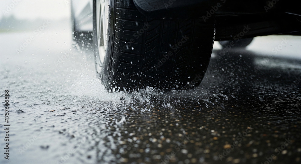 Car driving on a wet road during heavy rain, water splashing from the ...