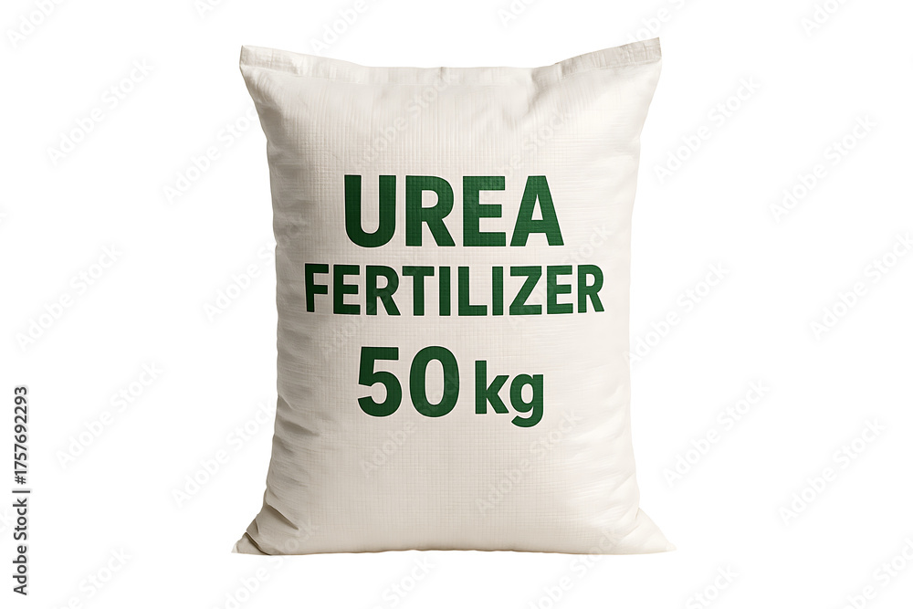 Agricultural nitrogen fertilizer packaging, white poly sack marked UREA ...