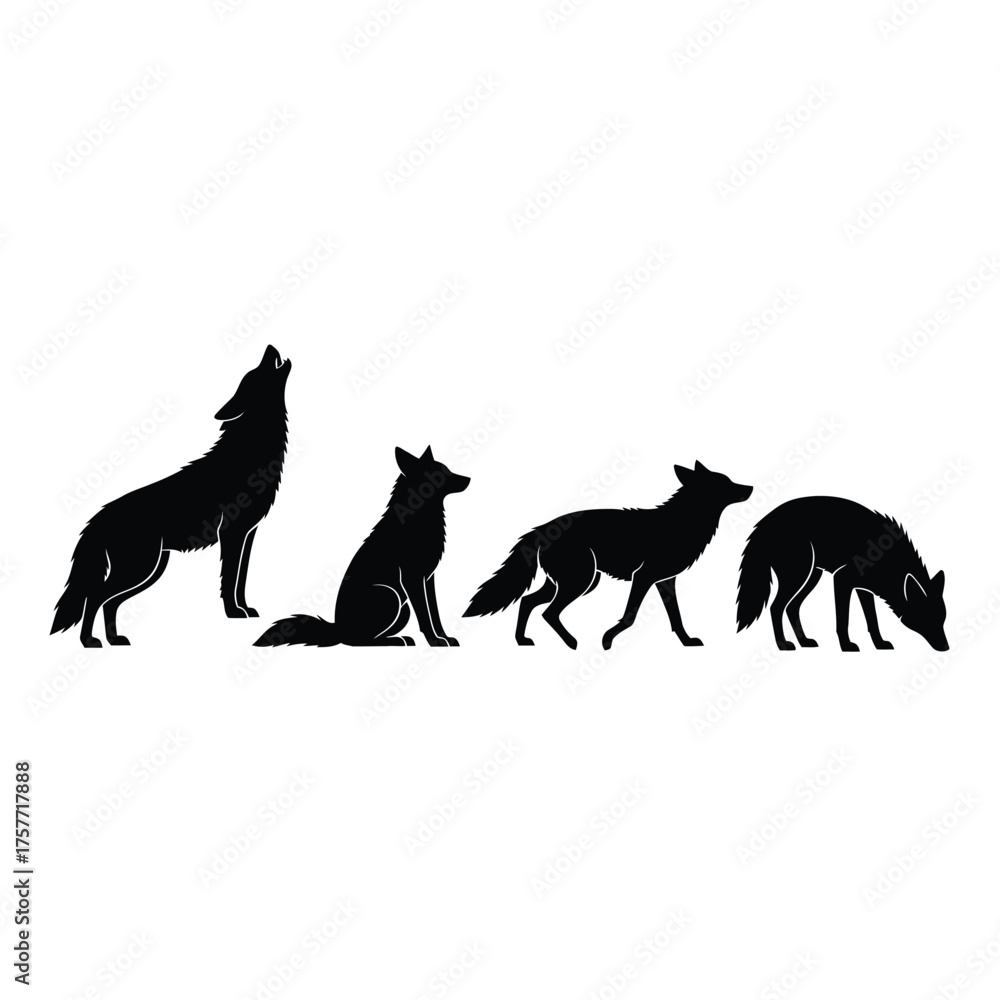Dynamic silhouette collection of five wolves in various poses for ...