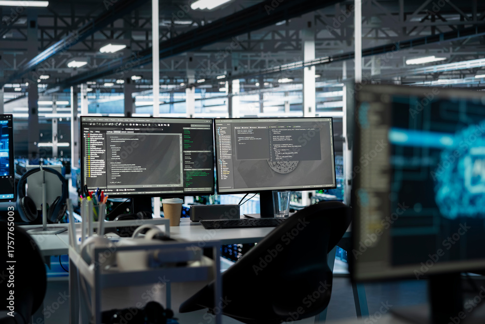 Artificial intelligence app interface on PC monitors in data center with rigs hosting cloud ...