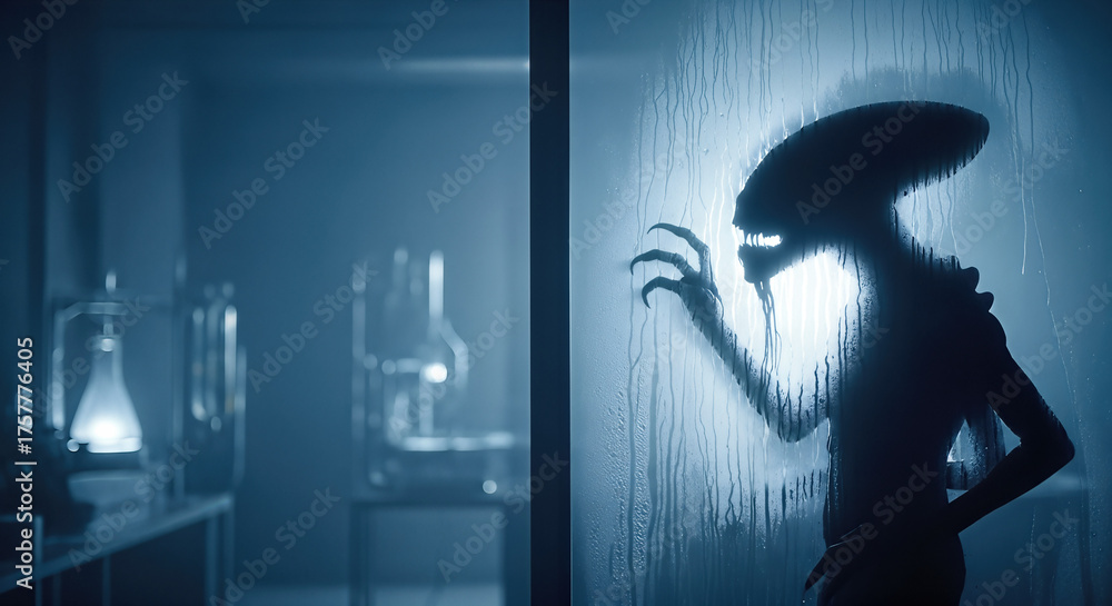 Alien silhouette behind transparent wall with cold light and streaks in ...