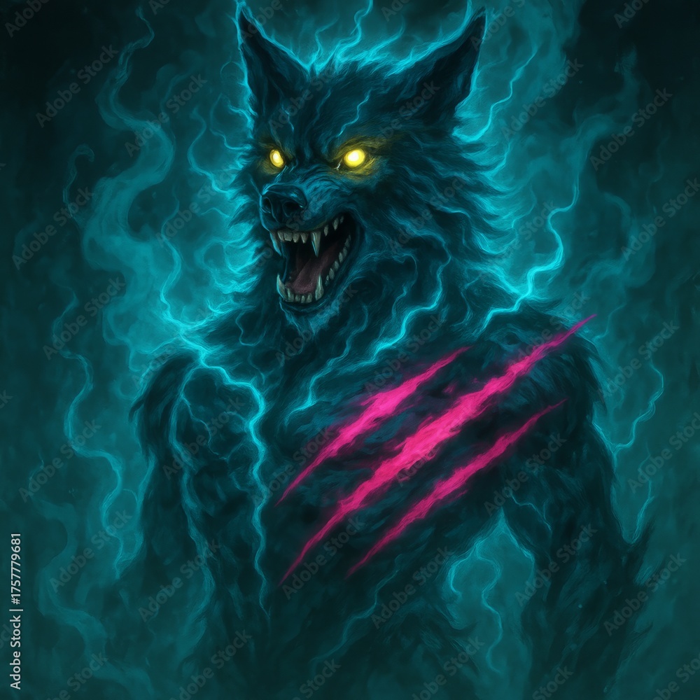 Blue and pink wolf with yellow eyes and red stripes on its back. The ...