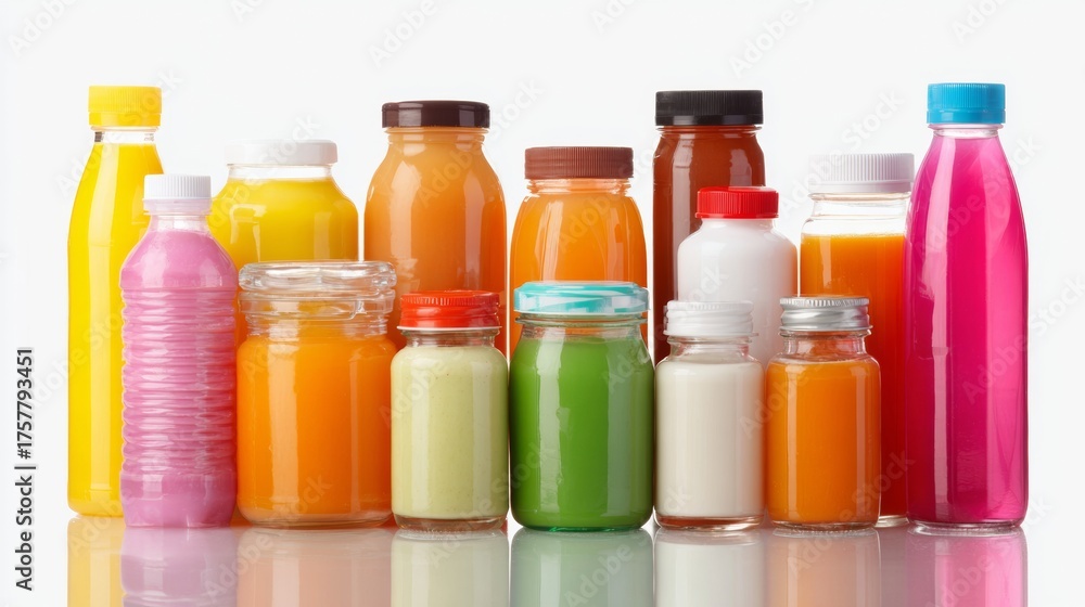 Colorful juice and beverage bottles in assorted sizes for product ...