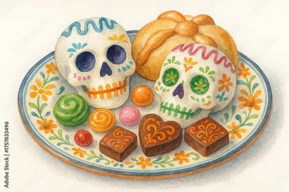 Watercolor plate with sugar skulls and sweets for mexican day of the ...