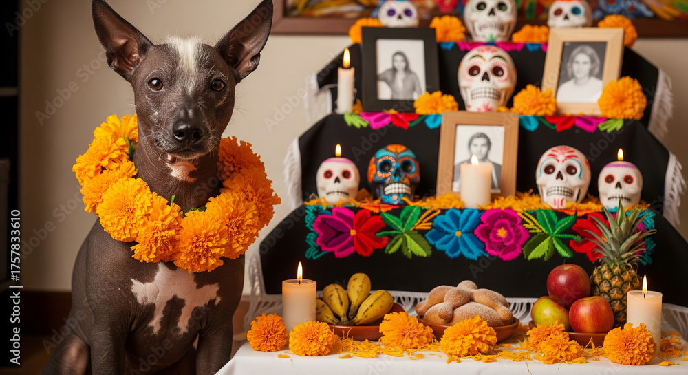 Foto de Stock Day of the dead altar with dog, colorful marigolds, and ...