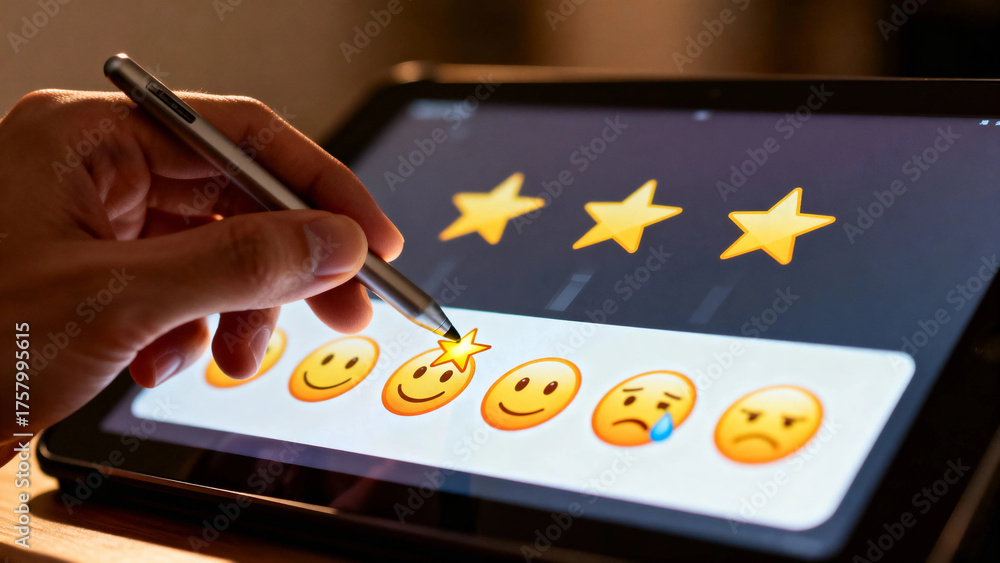Hand using stylus to select a smiley face emoji on a tablet screen with ...