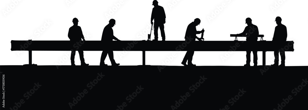 Construction workers silhouette on steel beam, teamwork in industrial ...