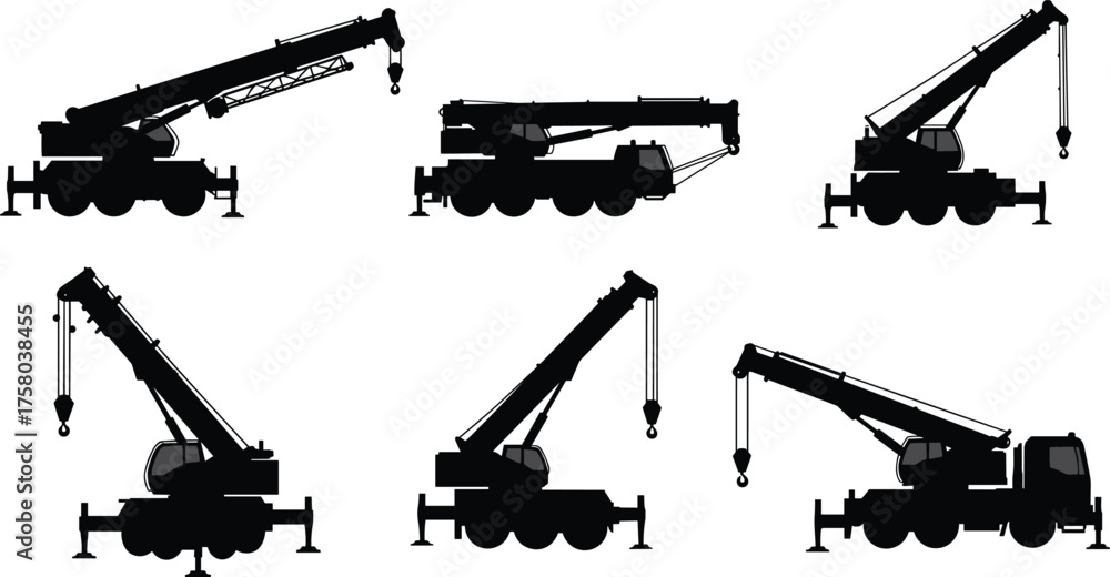 Mobile crane silhouette vector, truck-mounted lifting equipment ...