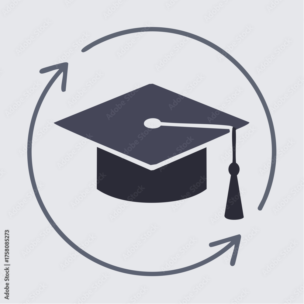Graduation cap with a circular arrow icon for continuous learning ...
