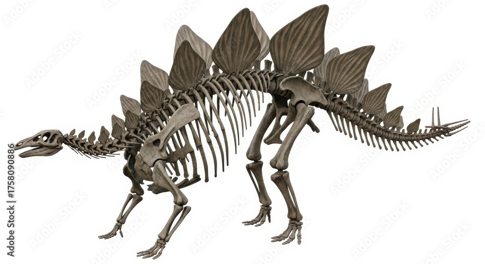 Stegosaurus Dinosaur Skeleton Fossil with Plates and Spikes Isolated on ...
