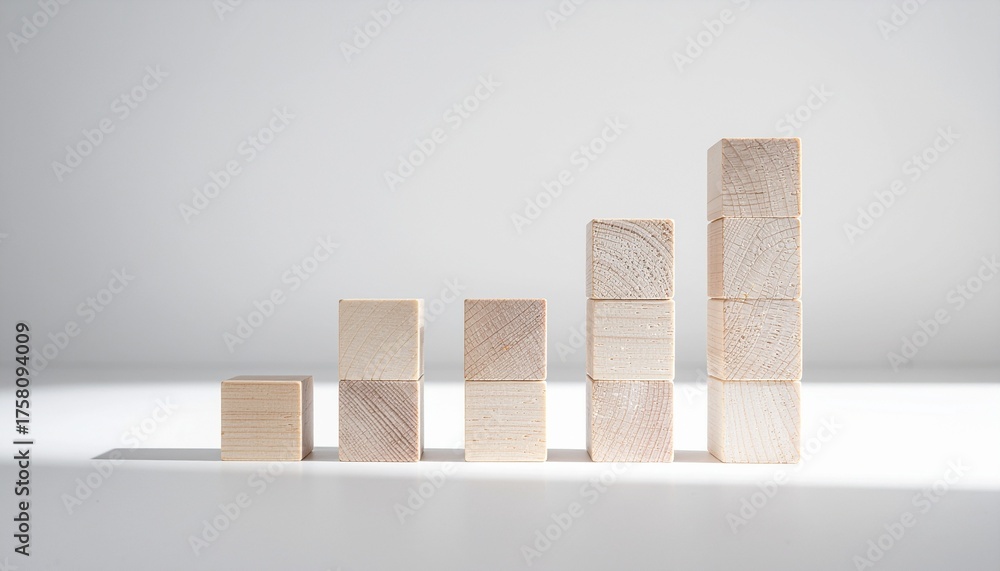 Series of light wooden cubes stacked ascendingly from left to right on ...