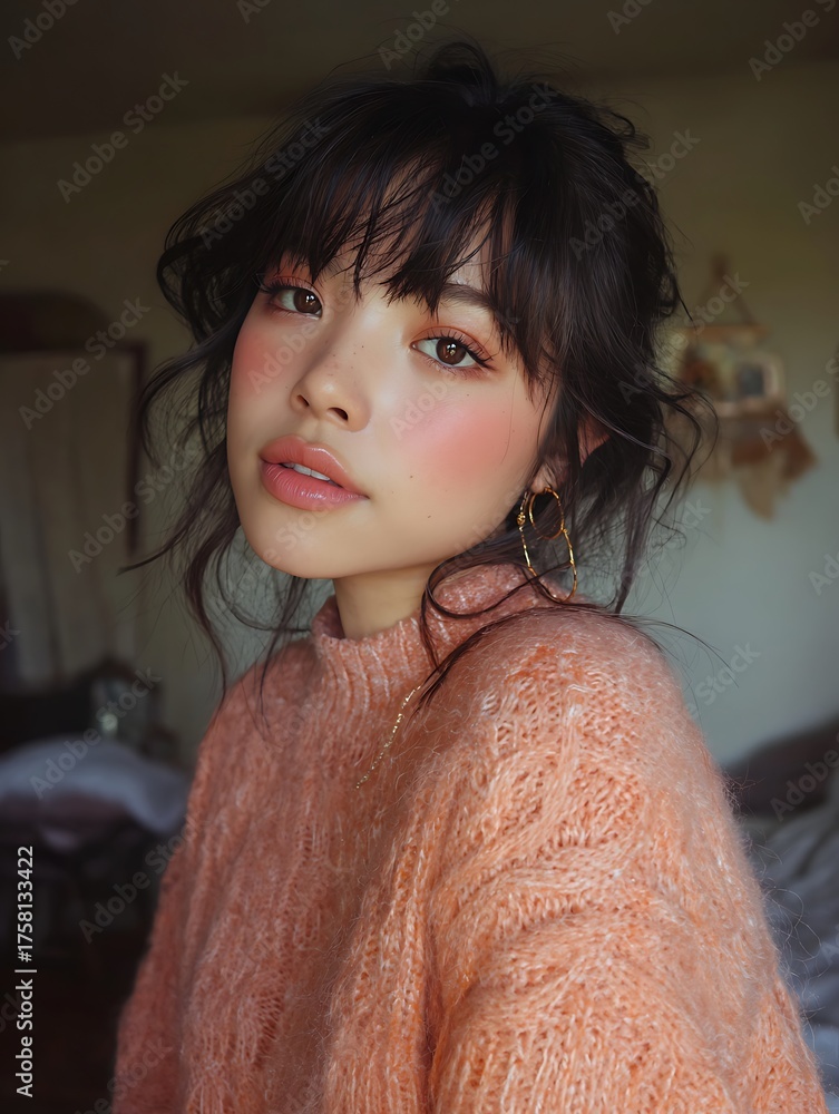Y2K Asian look, soft peach blush, side-swept fringe, gentle lighting ...