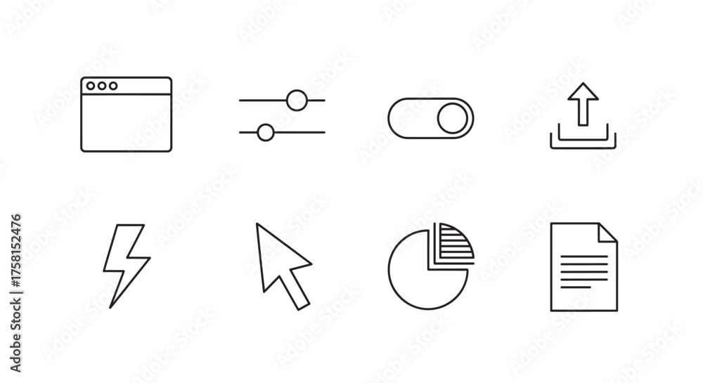 Minimalist vector set of eight black outline icons, including a browser ...