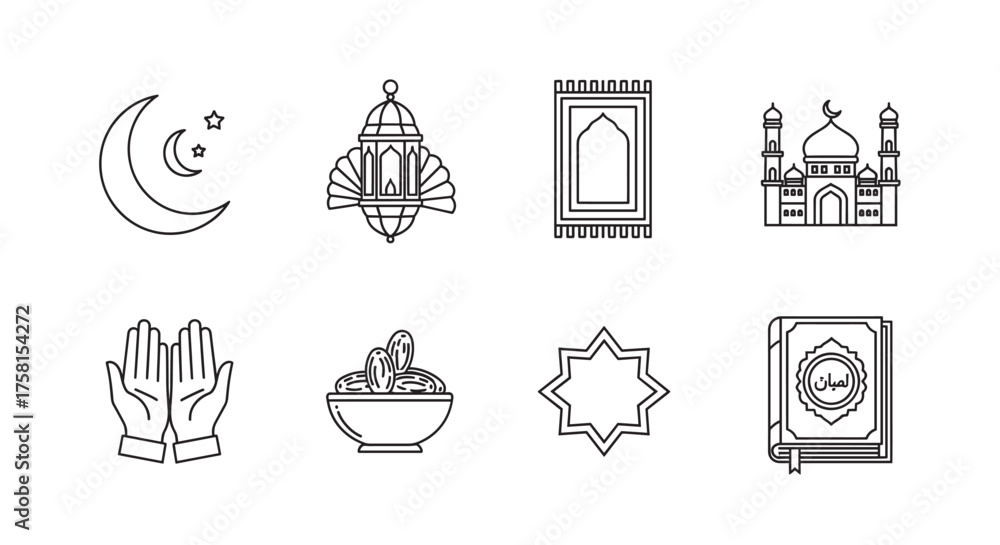 Black outline vector icons depicting islamic symbols including a ...