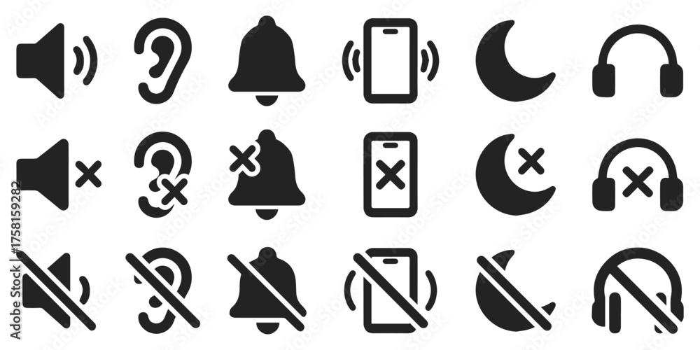 Silent Mode Icons. Solid, filled icon set of silence signs and ...