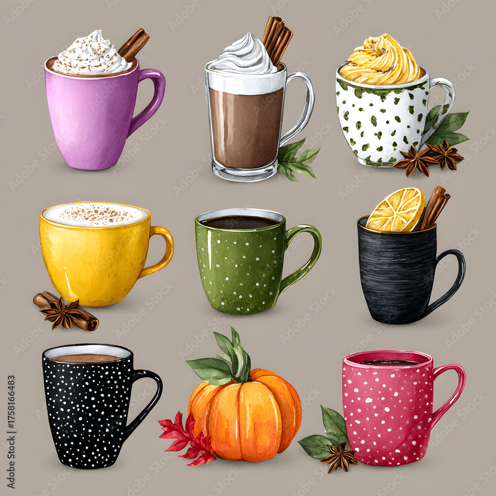 Cozy autumnal hot drinks collection with spiced beverages, whipped ...