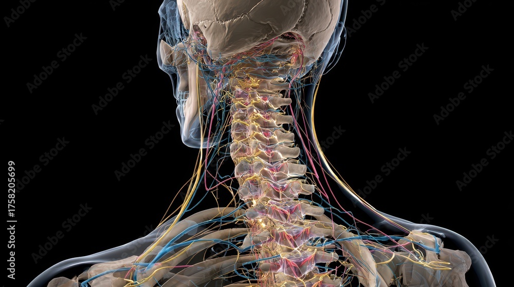 Detailed Translucent 3D Human Neck Anatomy with Spinal Cord and Nerves ...