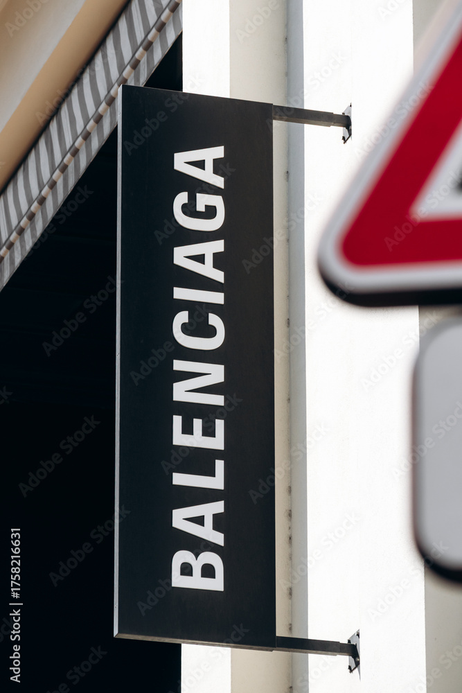 Monte Carlo, Monaco - June 28, 2025: Vertical Balenciaga boutique sign ...