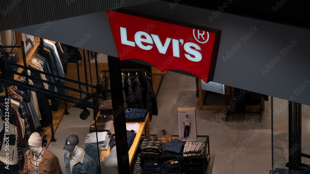 Levi s store interior with denim display and mannequins, Krakow, Poland ...