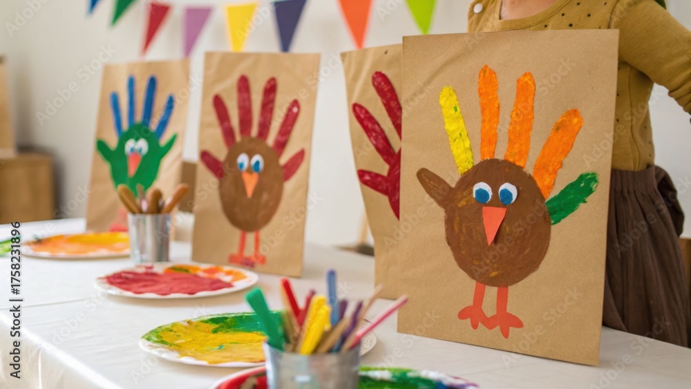 thanksgiving craft ideas Colorful handprint turkeys displayed on a ...