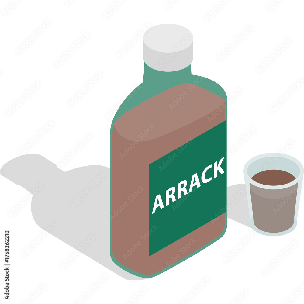 Isometric glass bottle with brown liquid and white cap casting a long ...