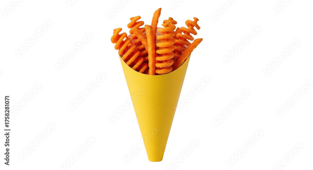 Isolated cone of orange-colored spiral fries ready to eat, a delicious ...