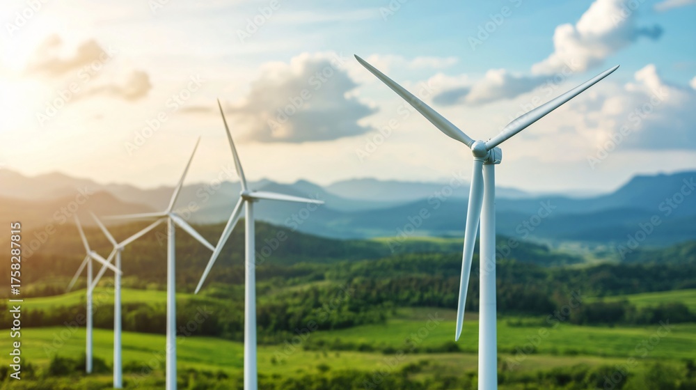 Green energy transition landscape showing wind turbines, solar panels ...