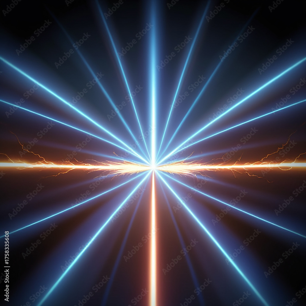 Abstract light beams radiating from a central point, merging blue and ...