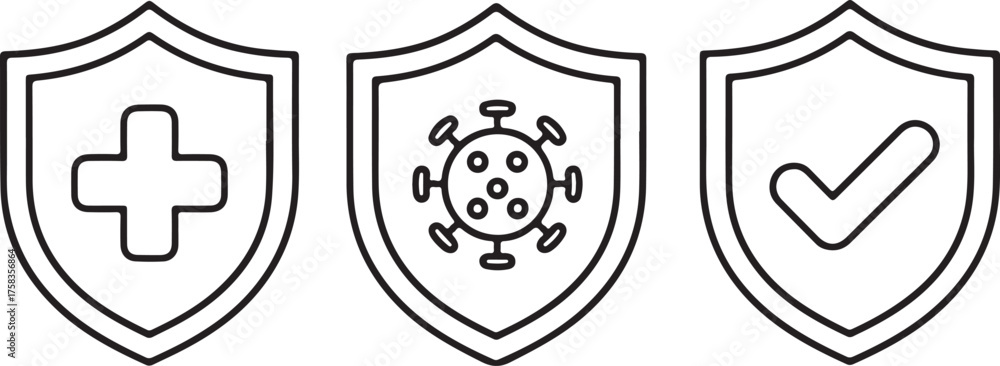 Outline health protection icon set featuring shield shapes for security ...