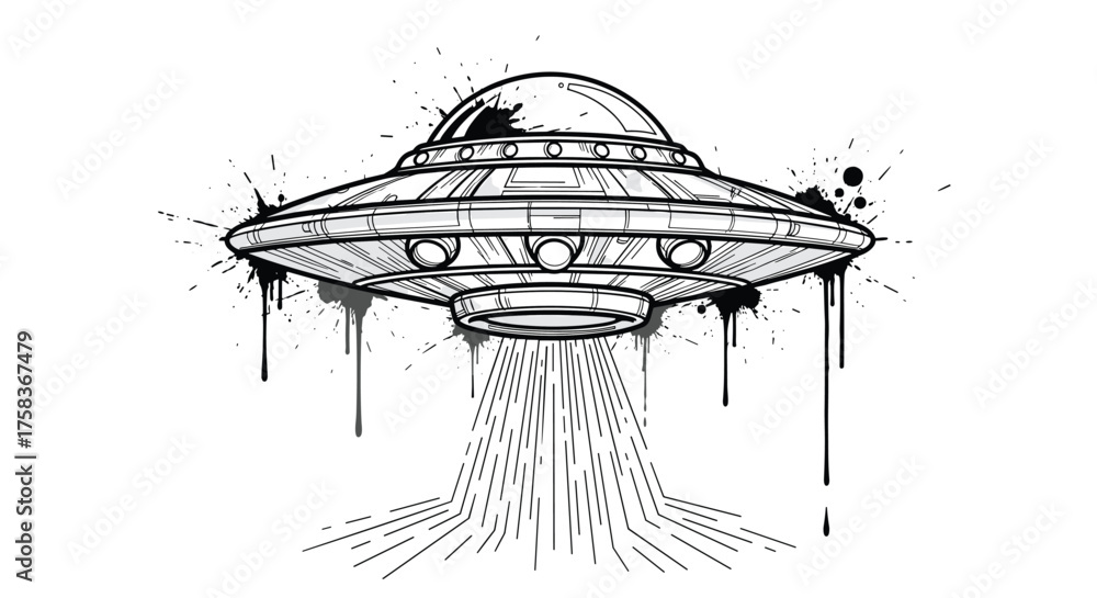A classic flying saucer design emitting a beam of light from its ...