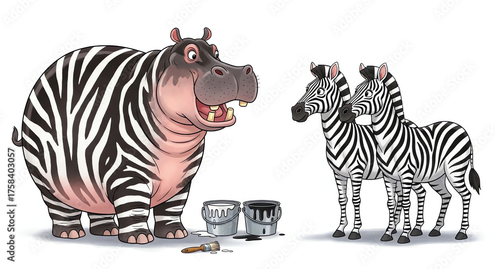 The hippopotamus is painted with black and white stripes imitating a ...