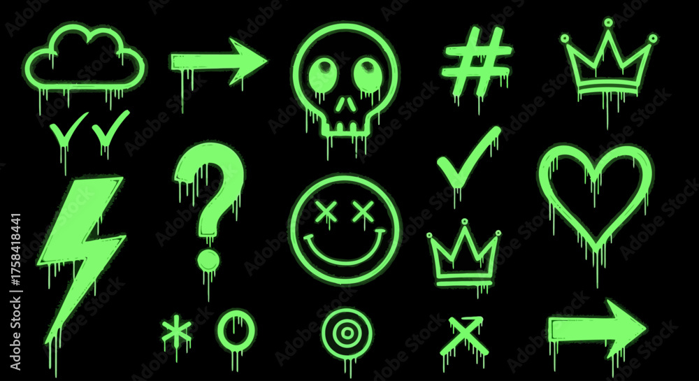 Luminous toxic slime graffiti symbol set featuring dripping hearts ...