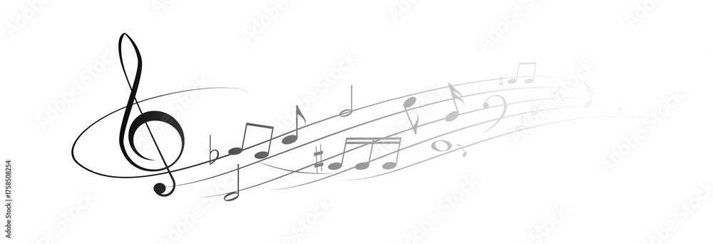 Musical notes, stave with flying notes, melody sketch with musical ...