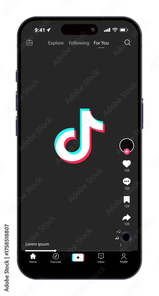 TikTok is app to create and share videos. Tik Tok Screen interface and ...