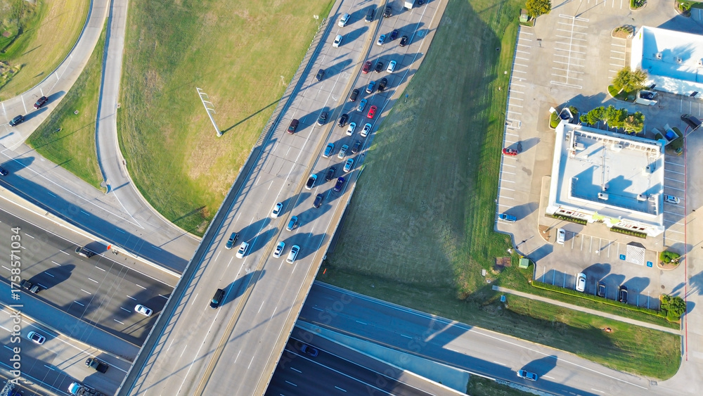 Dense highway interchange in Lewisville, Texas with vertical overpass ...