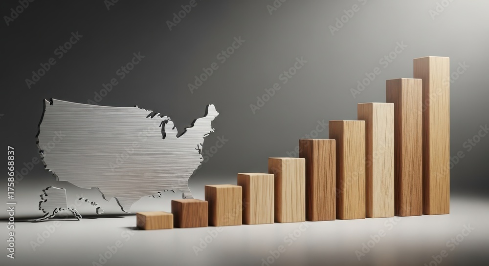 Wooden bar graph showing growth with a map of the united states ...