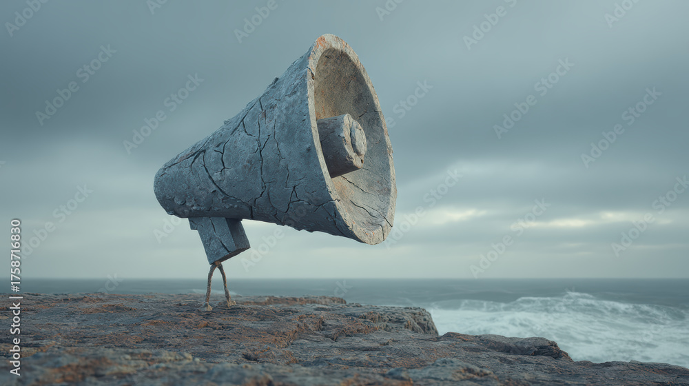Silent, weathered stone megaphone, cracked with age, sits on desolate ...
