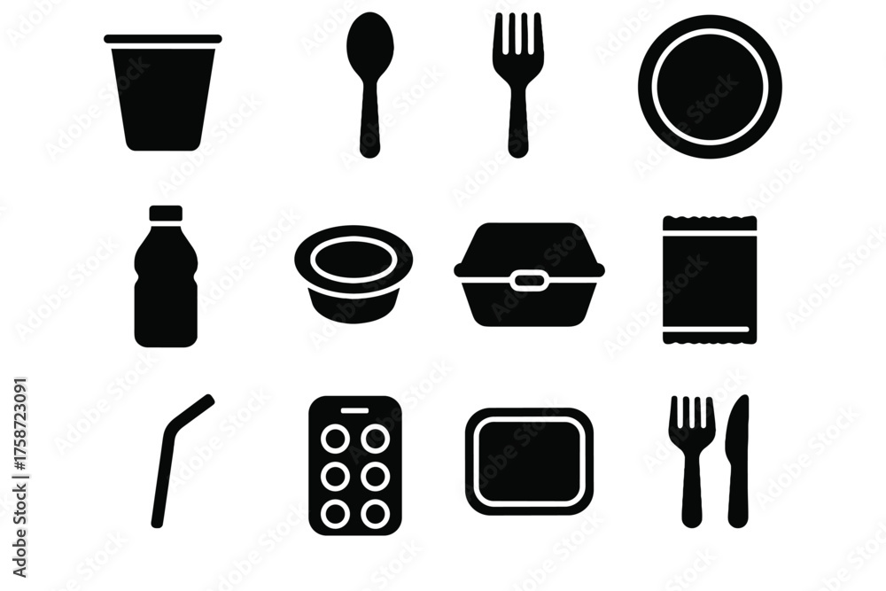 Eco icons cutlery blister cup wrapper compostable tray vector bio ...