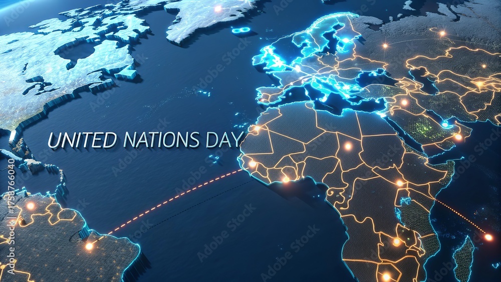 United Nations Day, Digital world map glows, marking connectivity and ...