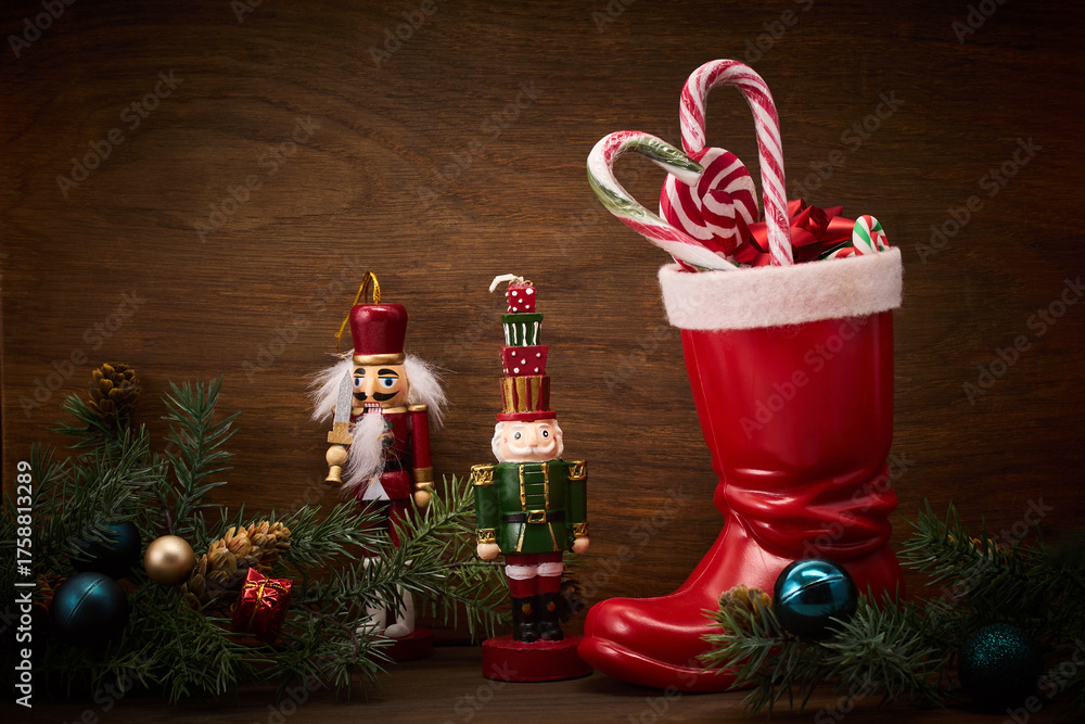 St. Nicholas Day. Red boot with sweets, spicy ginger cookies and gifts ...