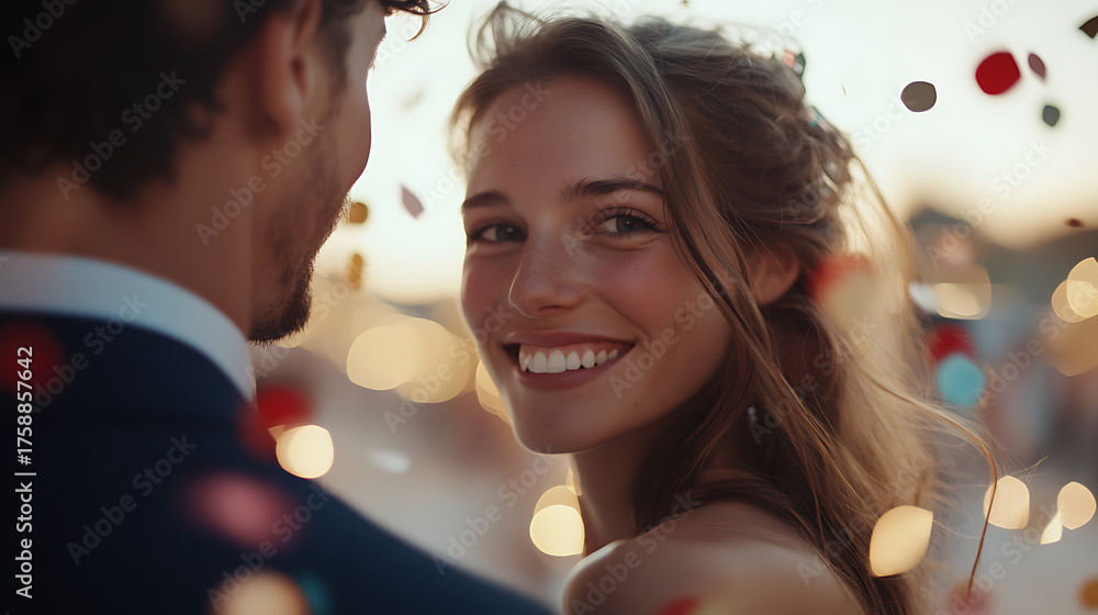 A radiant bride, her smile as bright as the city lights behind her ...