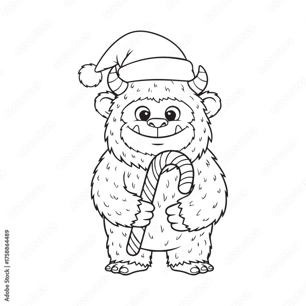 Cute fluffy yeti character wearing santa hat holding candy cane ...