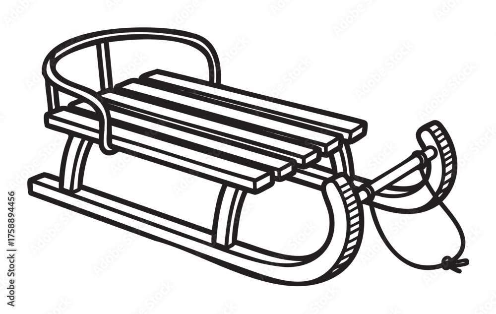 Black outline drawing of a wooden sled with a curved front handle and ...