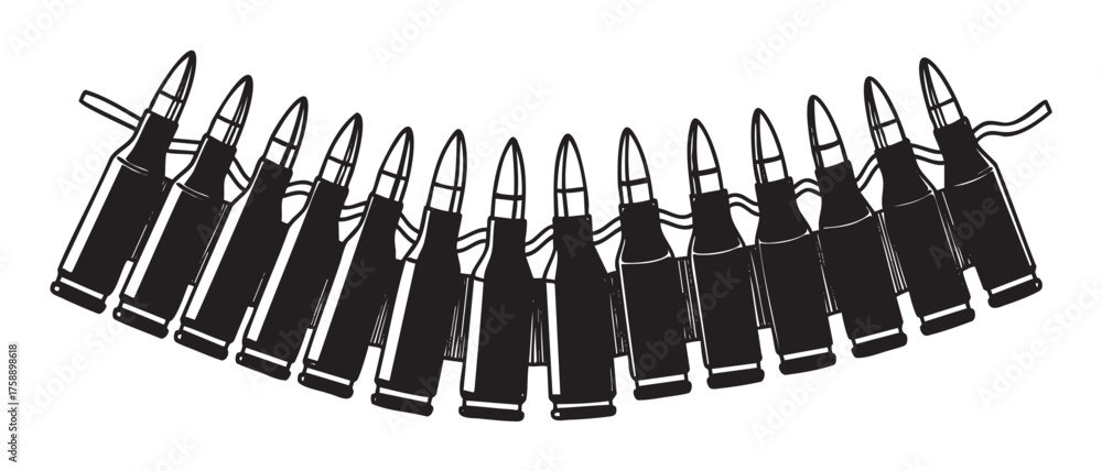 Black outline of a belt of bullets arranged in a curved line, depicting ...