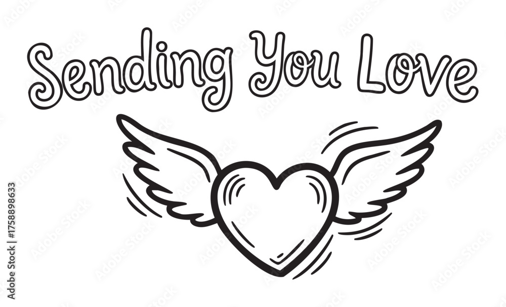 Vector de Stock Black outline illustration of a winged heart with the ...