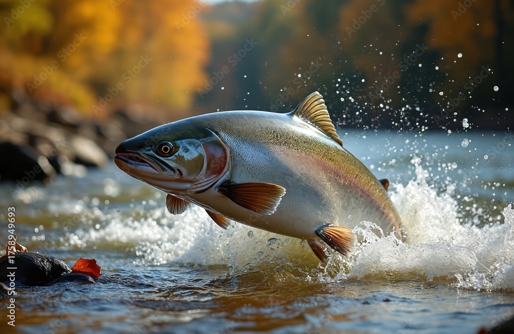 Chinook salmon leaps from water. Fish swims upstream in river during ...