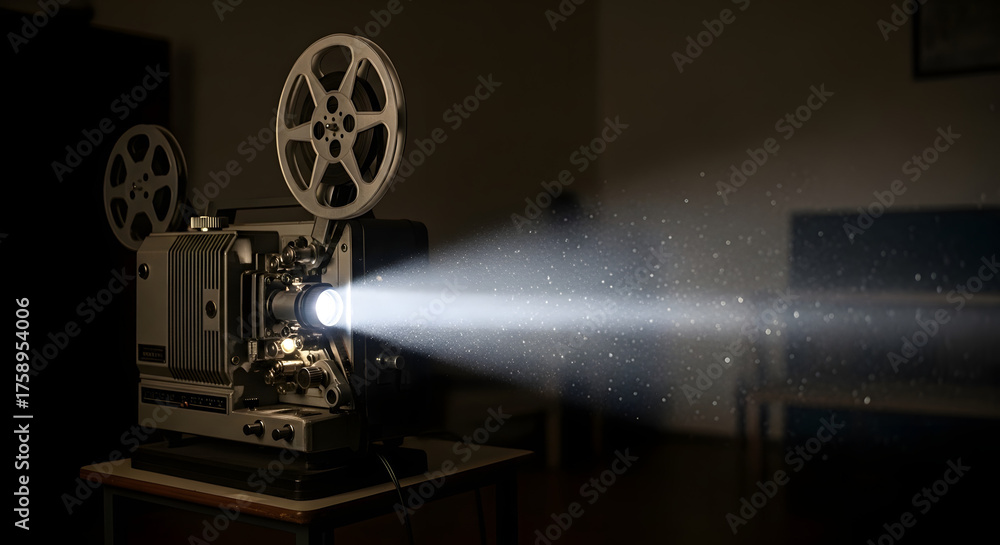 Vintage film projector with light beam for World Day for Audiovisual ...