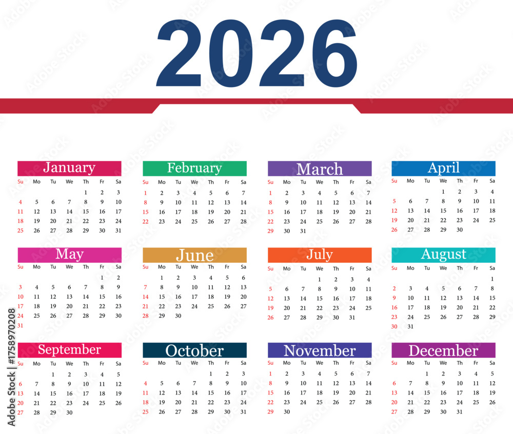 Image vectorielle Stock 2026 calendar grid with monthly layout and year ...
